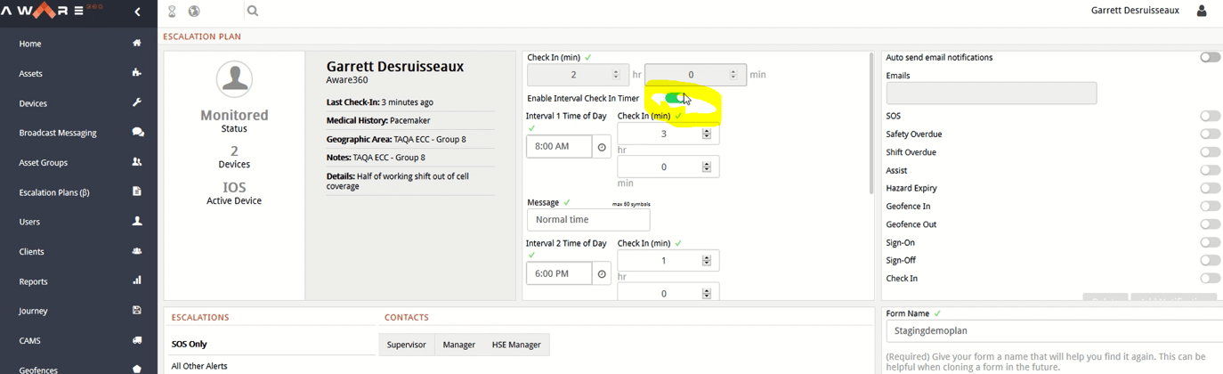 How do I set SafetyAware check-in timers by time of day?